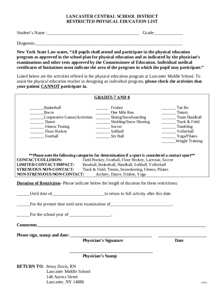 RESTRICTED PHYSICAL EDUCATION LIST Doc Template | pdfFiller