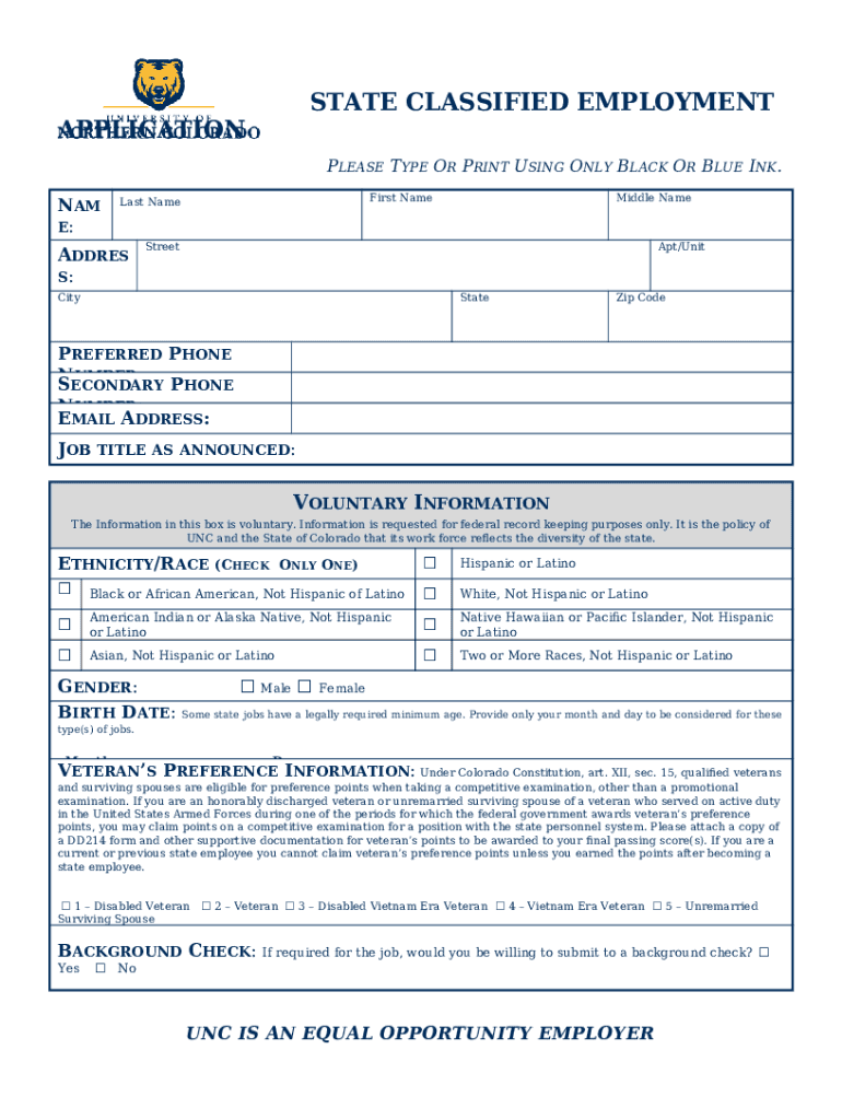 State Classified Employment Application Doc Template | pdfFiller