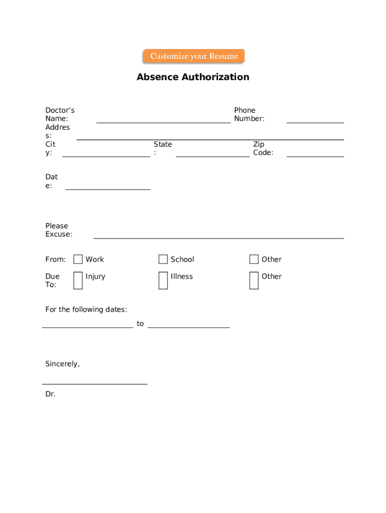 Absence Authorization Doc Template | pdfFiller