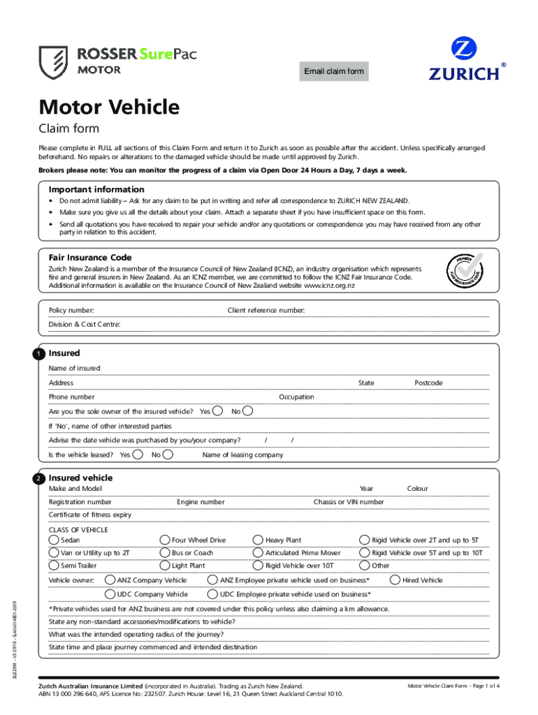 Fillable Online rosser co Motor Vehicle Claim Form - Zurich Fax Email ...