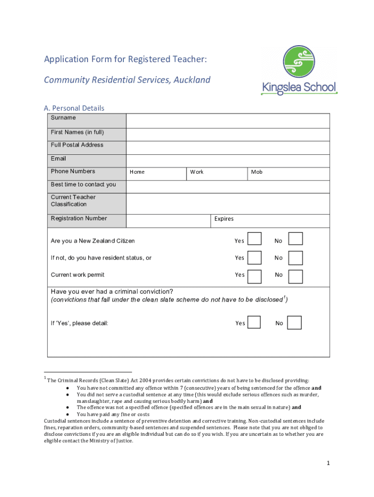 Fillable Online Application Form for Registered Teacher: Community ...