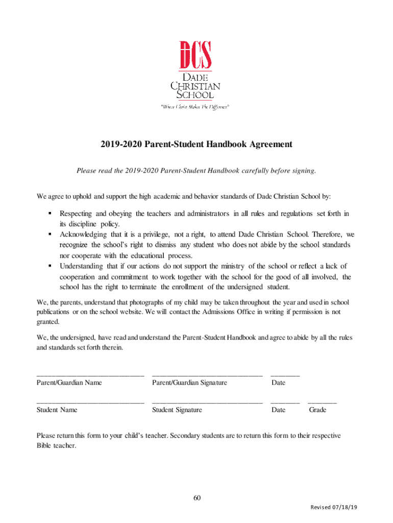 Fillable Online 2019-2020 PARENT-STUDENT HANDBOOK ACKNOWLEDGEMENT FORM ...