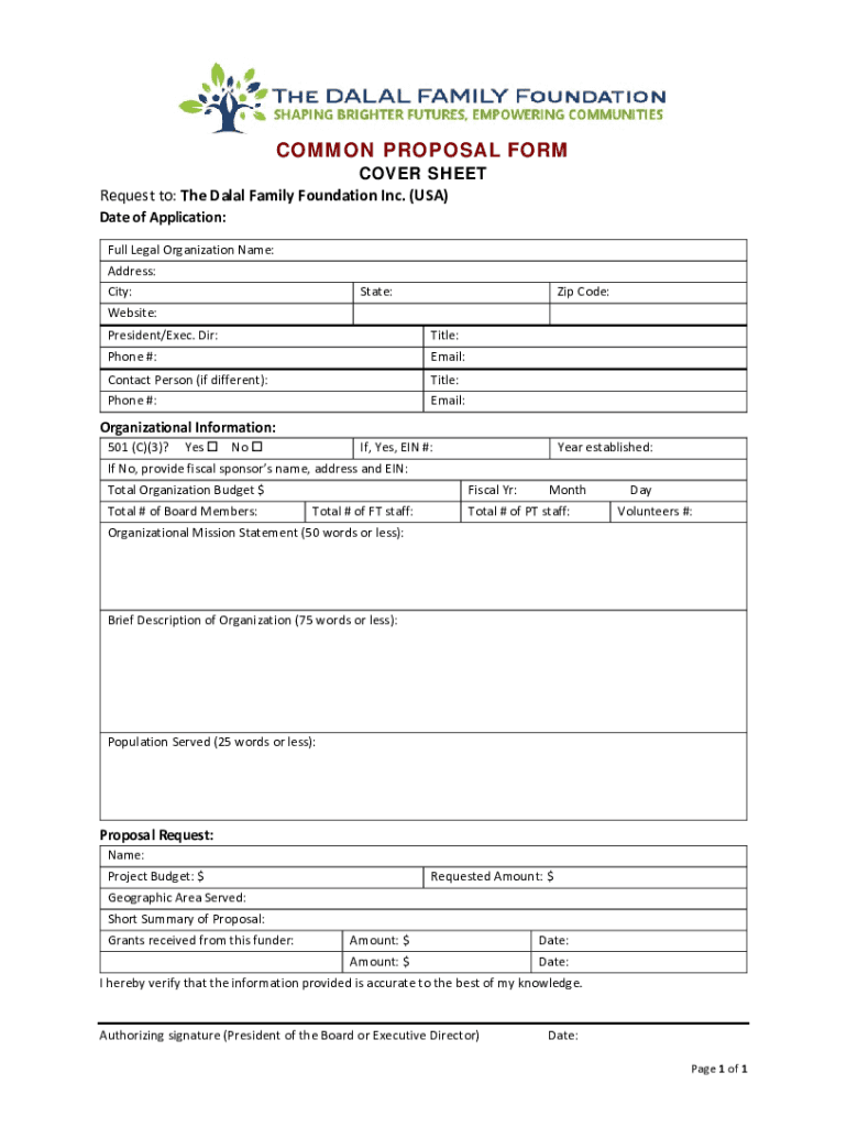 Fillable Online COMMON PROPOSAL FORM - dalalfamilyfoundationusa.org Fax ...