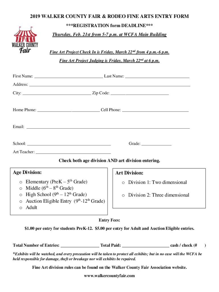 Fillable Online 2019 WALKER COUNTY FAIR & RODEO FINE ARTS ENTRY FORM ...