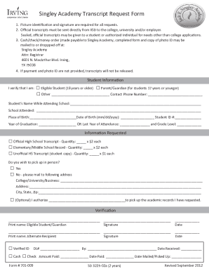 Fillable Online Singley Academy Transcript Request Form Fax Email Print - pdfFiller