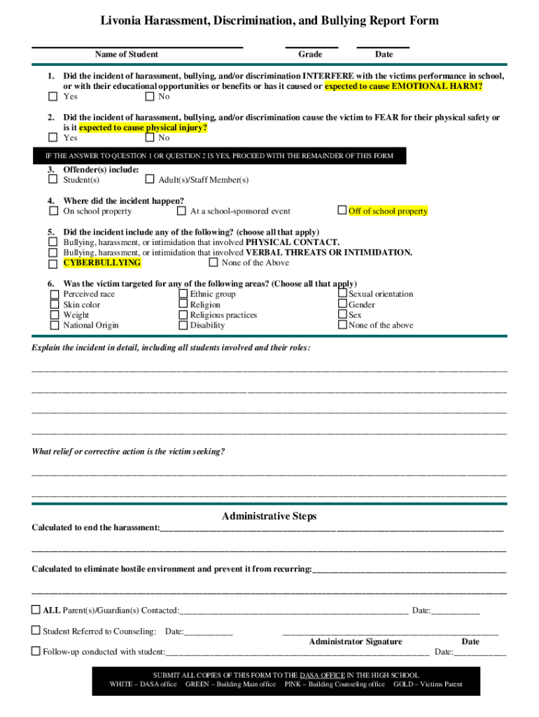 Fillable Online Livonia Harassment, Discrimination, and Bullying Report ...