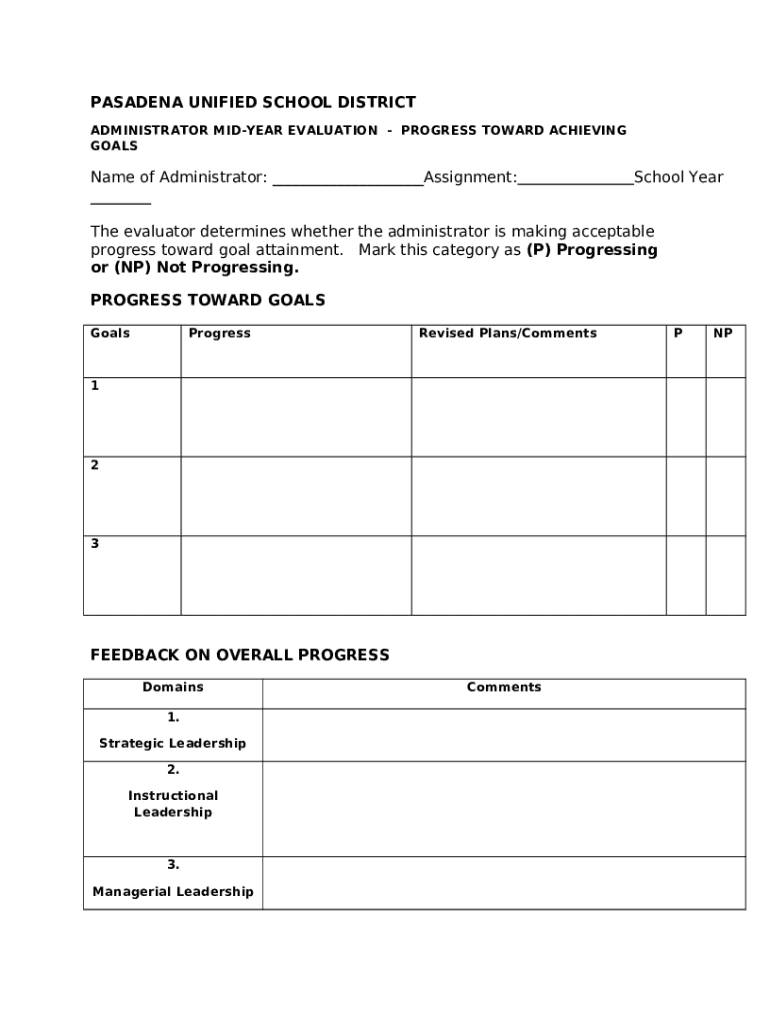 ADMINISTRATOR MID-YEAR EVALUATION-PROGRESS TOWARD ACHIEVING GOALS Doc Template | pdfFiller