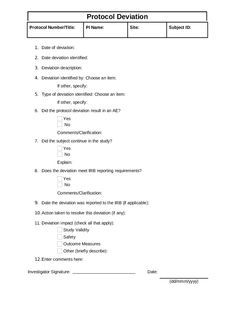 Protocol Deviation. Protocol deviation for investigators. Doc Template | pdfFiller