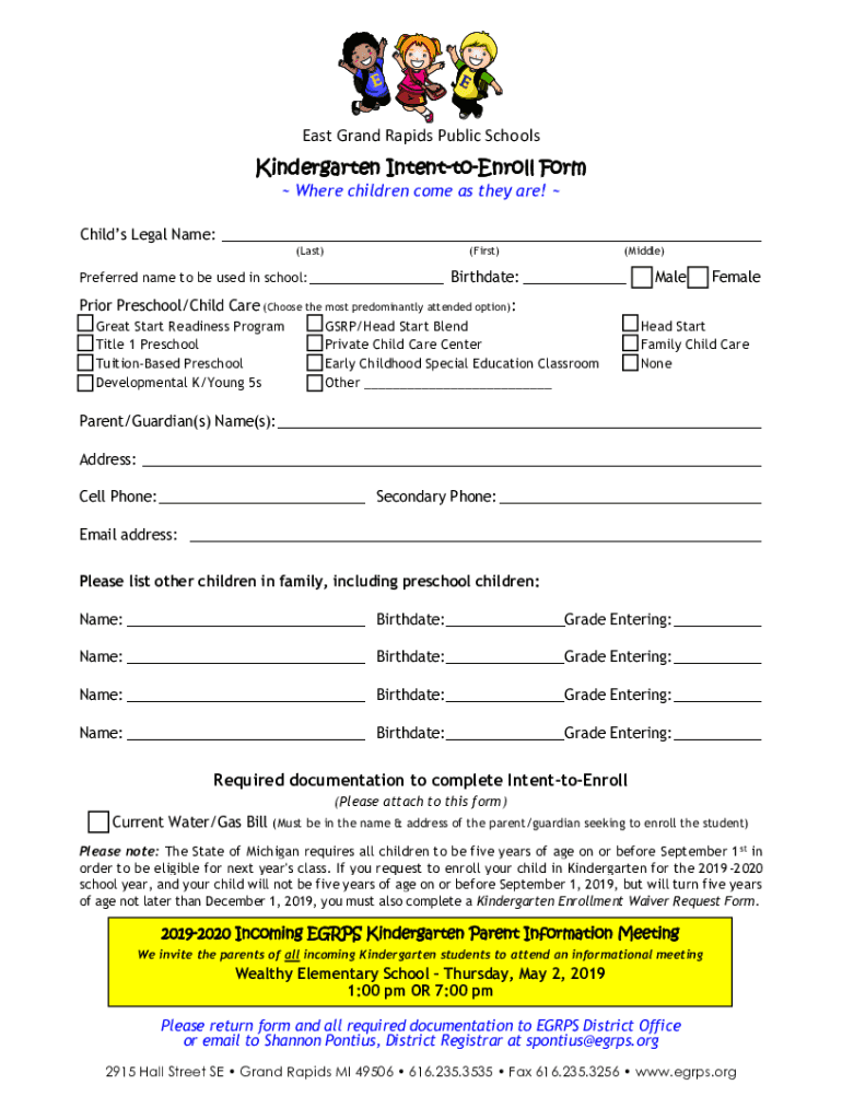 Fillable Online Kindergarten Intent-to-Enroll Form - East Grand Rapids ...