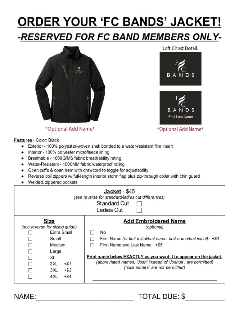 Fillable Online ORDER YOUR FC BANDS JACKET Fax Email Print - pdfFiller