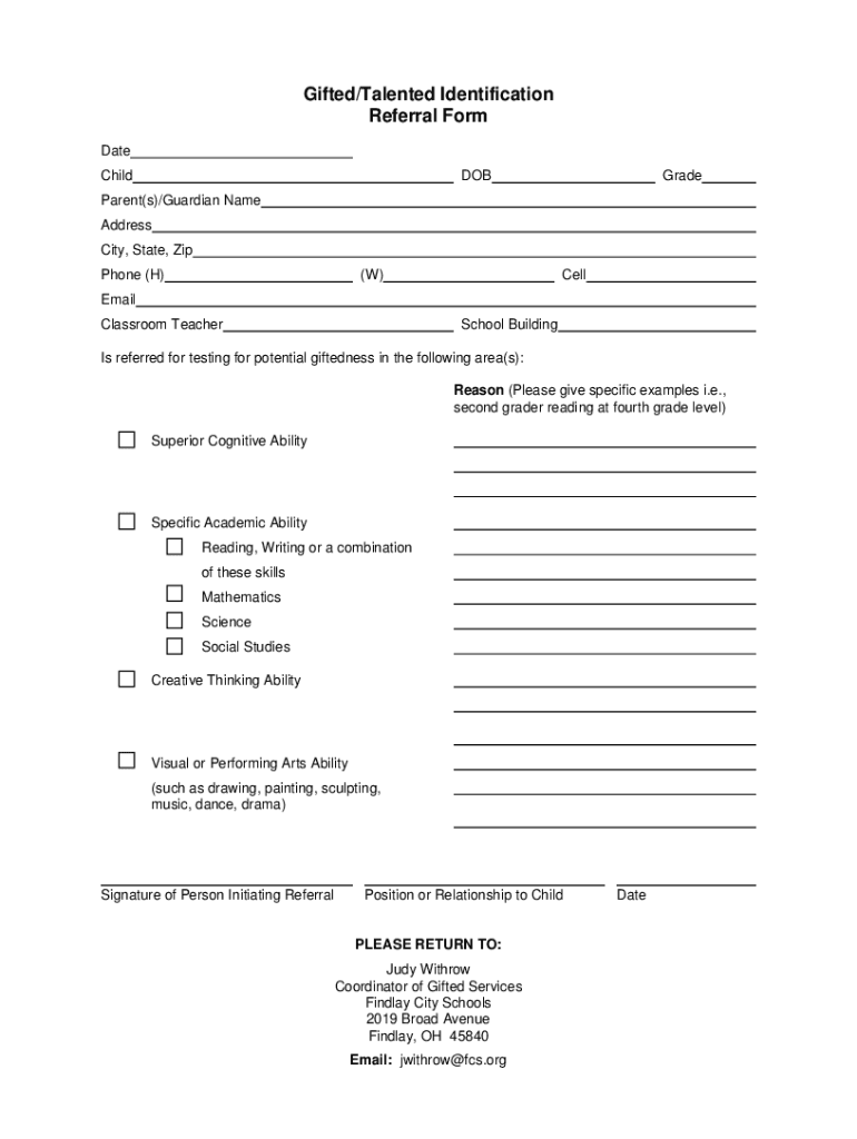 Fillable Online Gifted/Talented Identification Referral Form - FCS Fax Email Print - pdfFiller