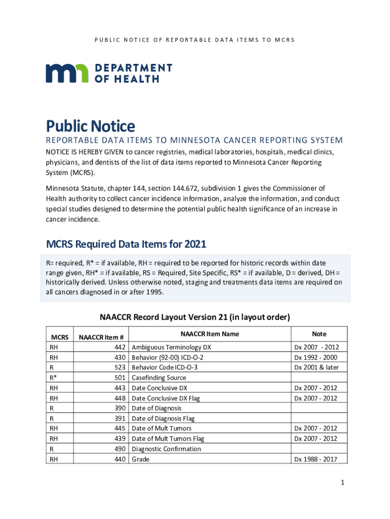 Fillable Online health minnesota Public Notice of Reportable Data Items ...