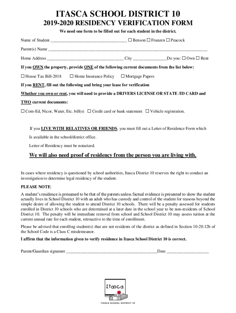 Fillable Online itasca school district 10 2019-2020 residency ...