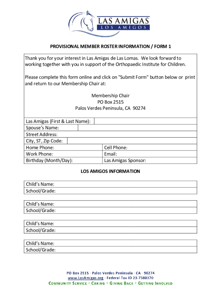 Fillable Online PROVISIONAL MEMBER ROSTER INFORMATION / FORM ...