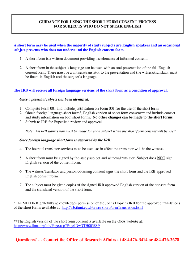 Fillable Online Guidance for using the short form consent process for ...