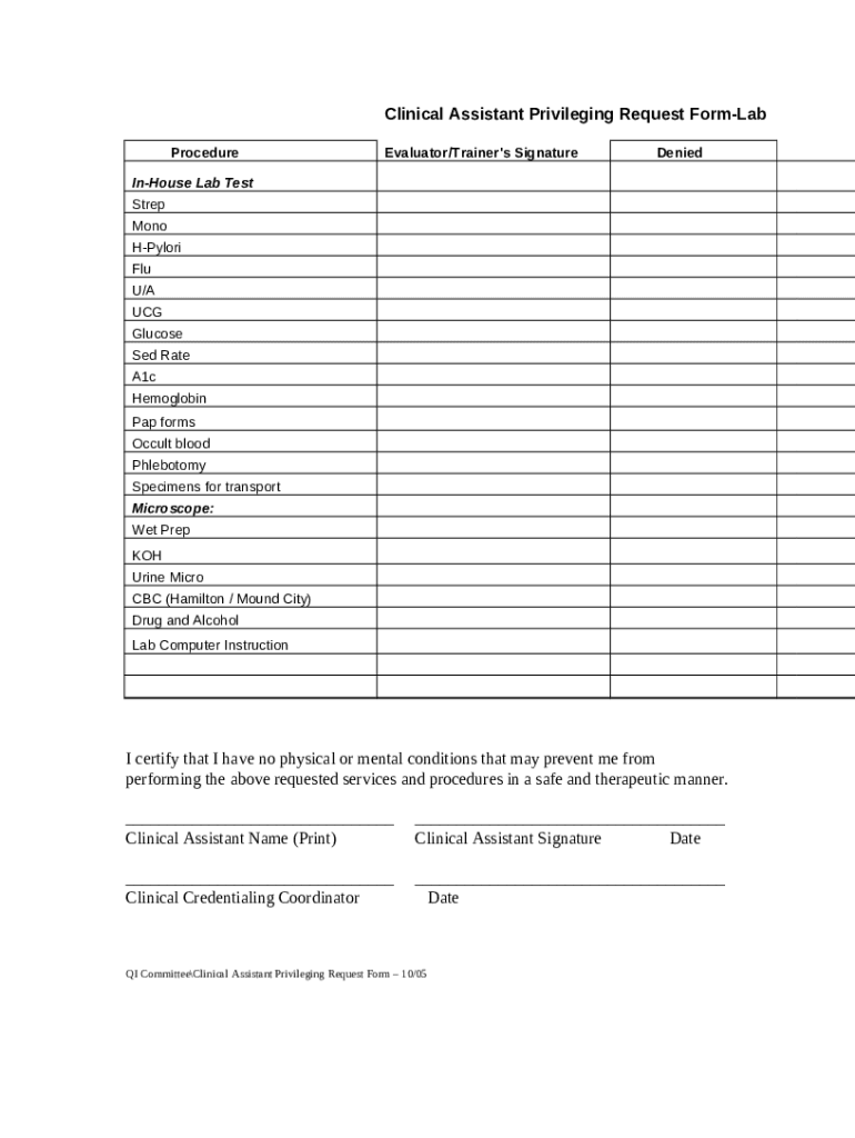 Clinical Assistant Privileging Request -Lab Doc Template | pdfFiller