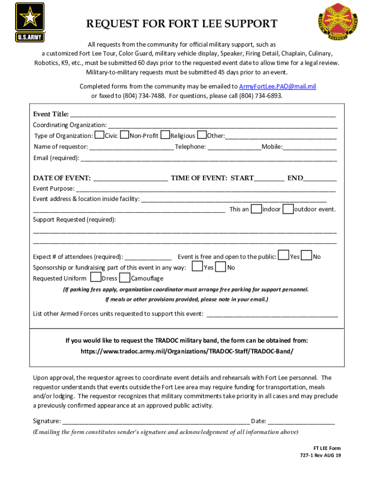 Fillable Online REQUEST FOR FORT LEE SUPPORT - United States Army Fax ...