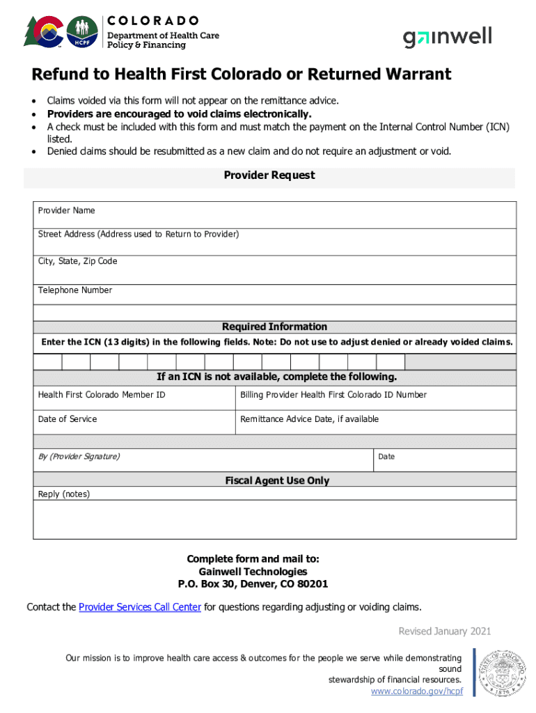 Fillable Online Health First Colorado and Return Warrant Refund Form ...
