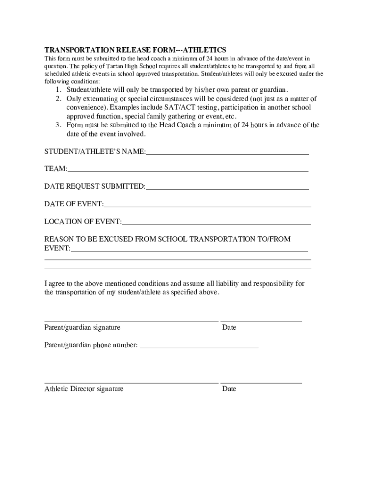 Fillable Online TRANSPORTATION RELEASE FORM - ATHLETICS Fax Email Print ...