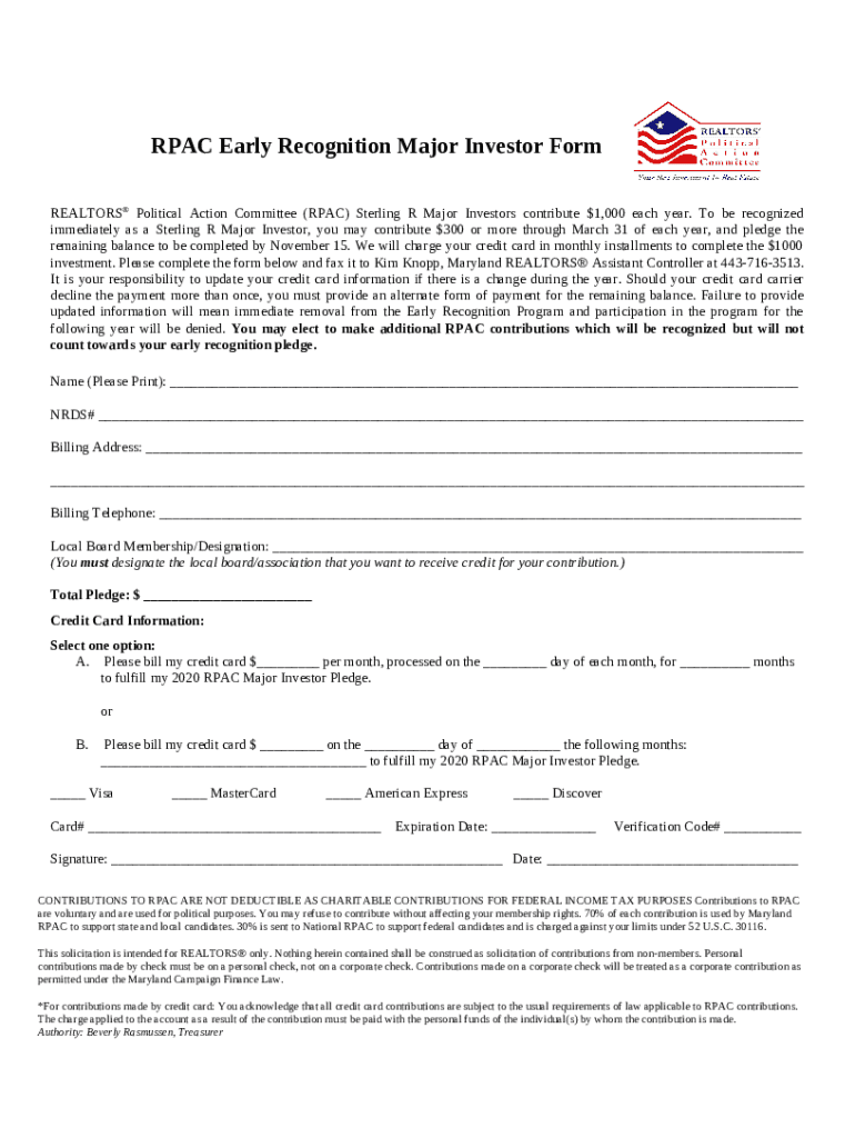 RPAC Early Recognition Major Investor Doc Template | pdfFiller