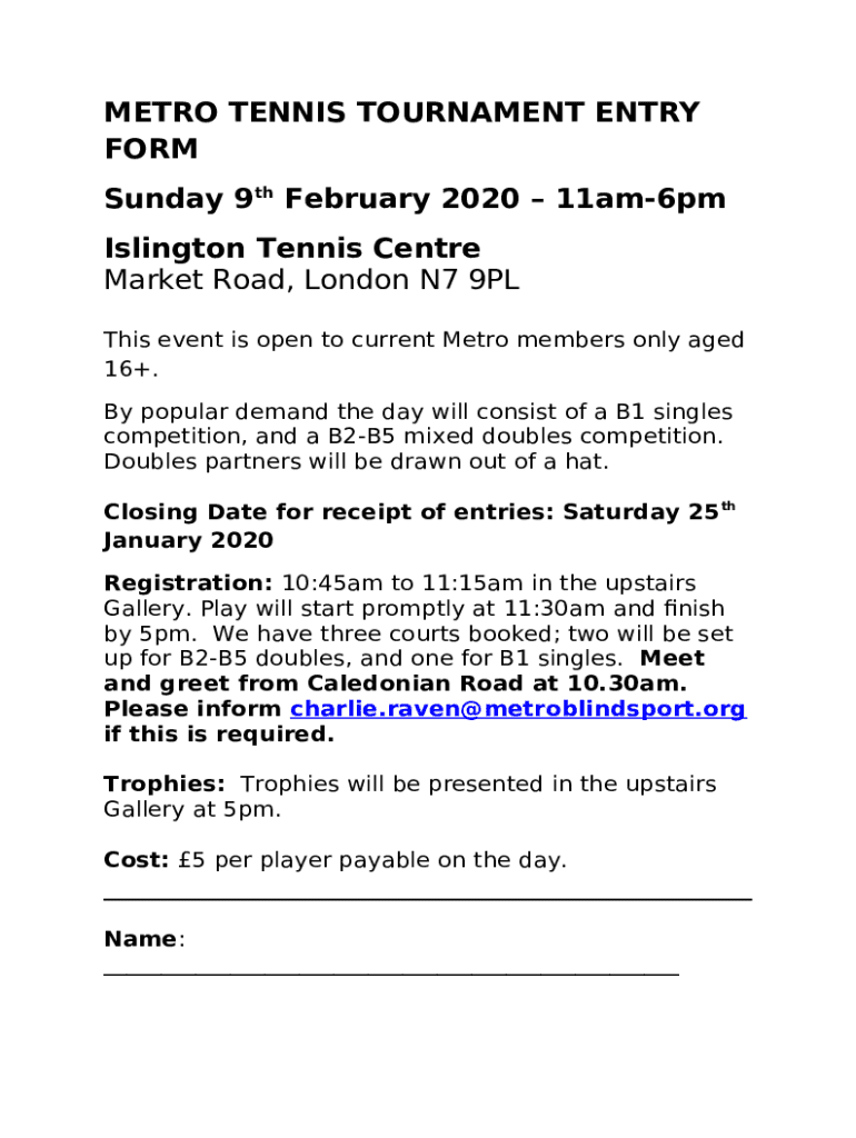 METRO TENNIS TOURNAMENT ENTRY Doc Template | pdfFiller