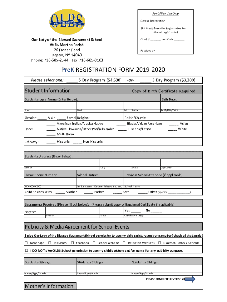 Fillable Online Pre-K 2019-2020 Registration Form xlsx as of 1 18 19 ...