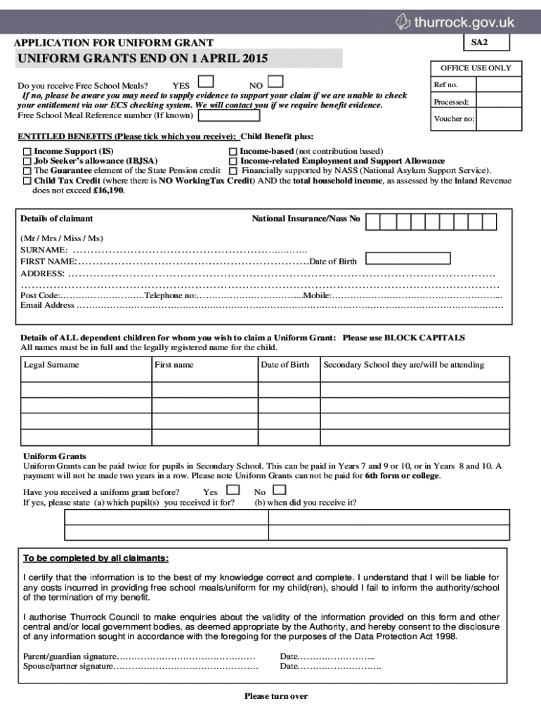 Fillable Online Thurrock Council - School uniform grant claim form. Thurrock Council - School ...