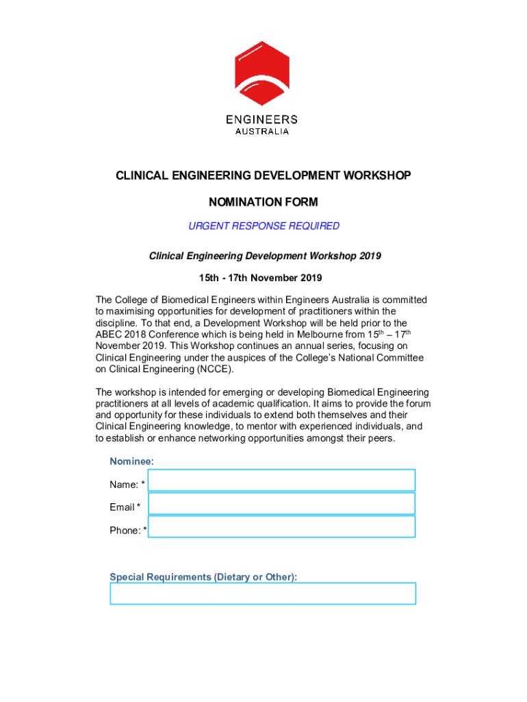 Fillable Online CLINICAL ENGINEERING DEVELOPMENT WORKSHOP NOMINATION ...