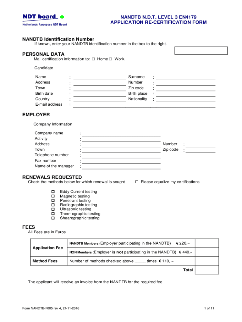 Fillable Online NANDTB N.D.T. LEVEL 3 Application form Netherlands ...