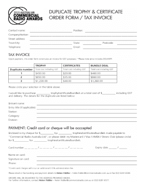 Fillable Online DUPLICATE TROPHY & CERTIFICATE ORDER FORM/ TAX INVOICE ...