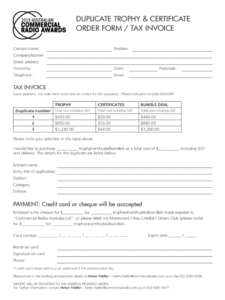 Fillable Online DUPLICATE TROPHY & CERTIFICATE ORDER FORM/ TAX INVOICE ...