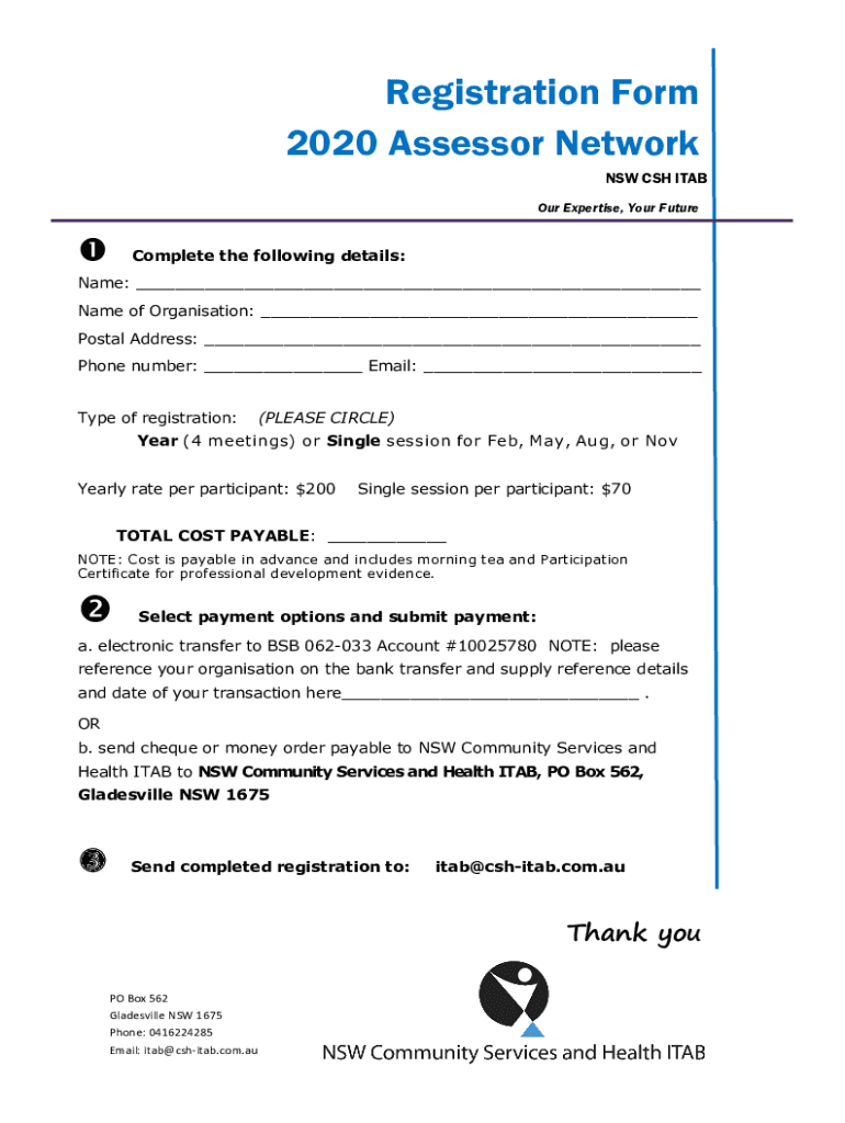 Fillable Online Registration Form 2020 Assessor Network - CSH ITAB Fax ...