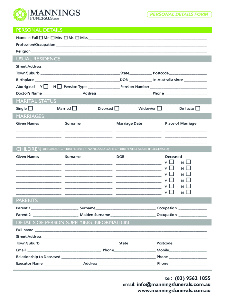 Fillable Online Personal Details Form - Mannings Fax Email Print ...