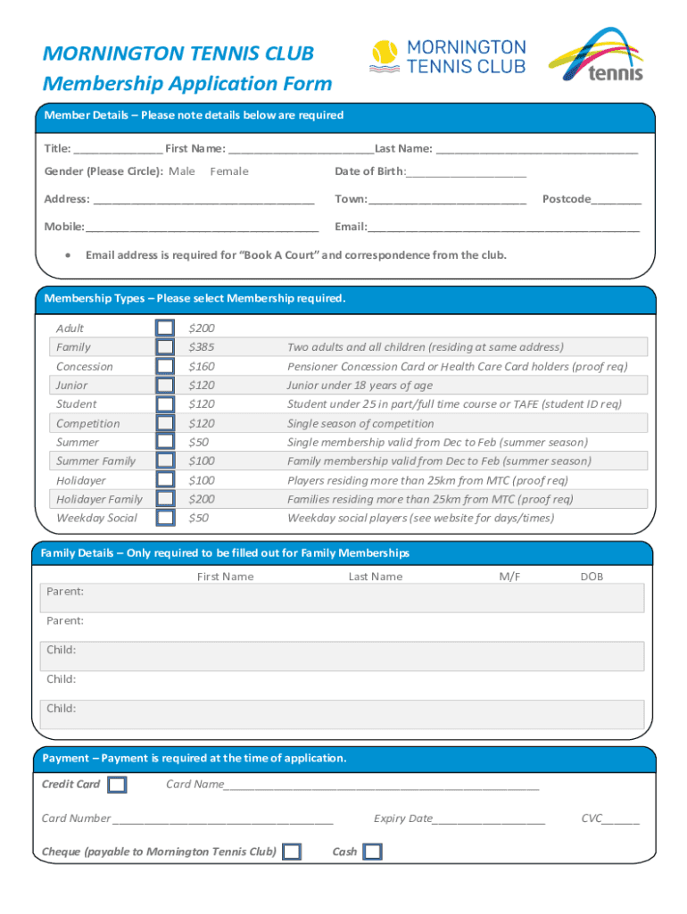 Fillable Online MORNINGTON TENNIS CLUB Membership Application Form Fax ...