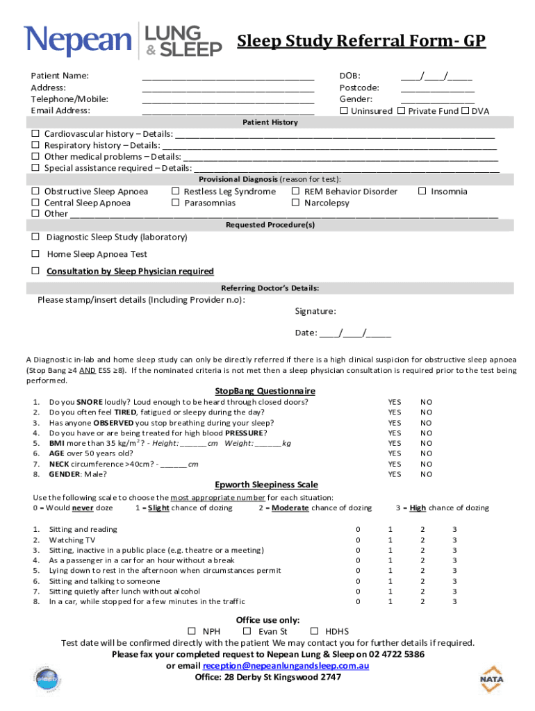 Fillable Online Sleep Study Referral Form- GP - Nepean Lung and Sleep ...