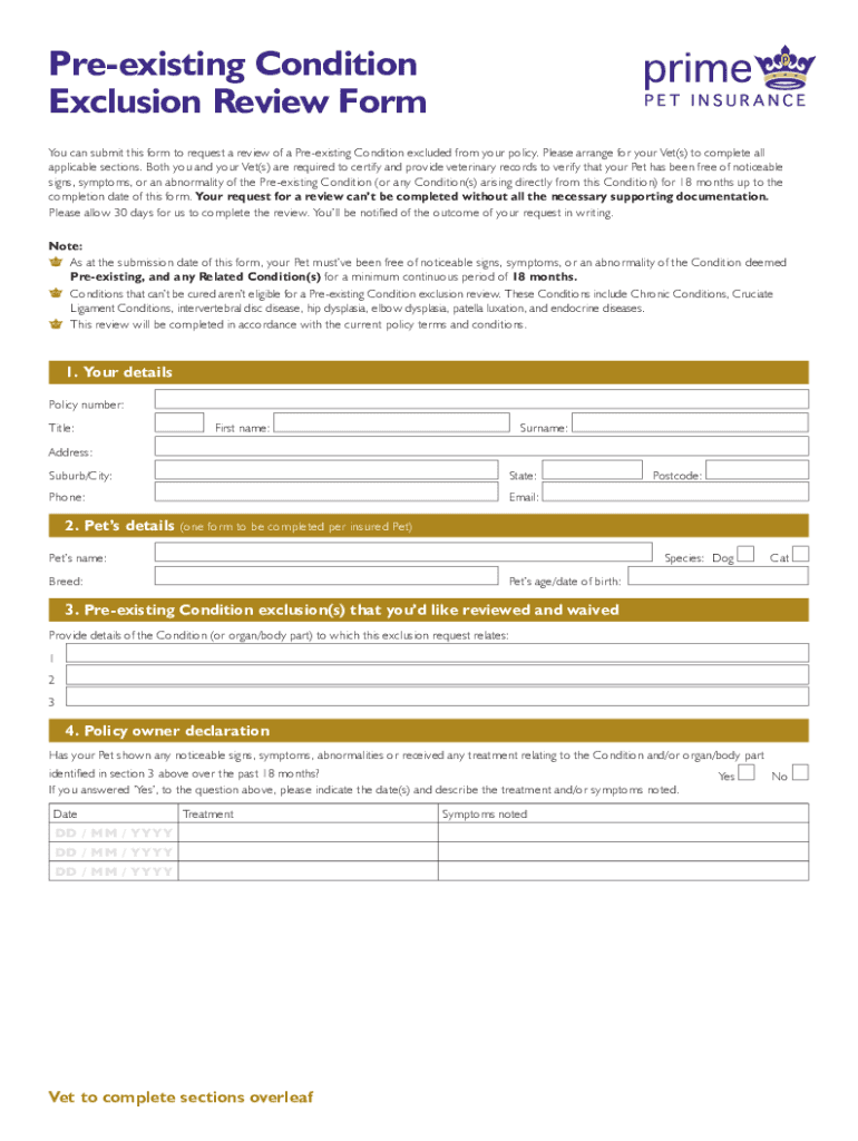 Fillable Online Prime Pet Insurance Pre-existing Condition Exclusion ...