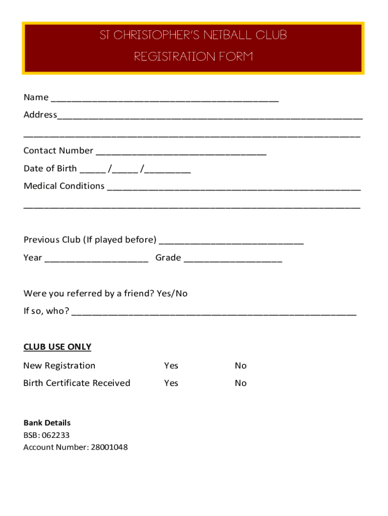 Fillable Online ST CHRISTOPHERS NETBALL CLUB PLAYER REGISTRATION FORM ...