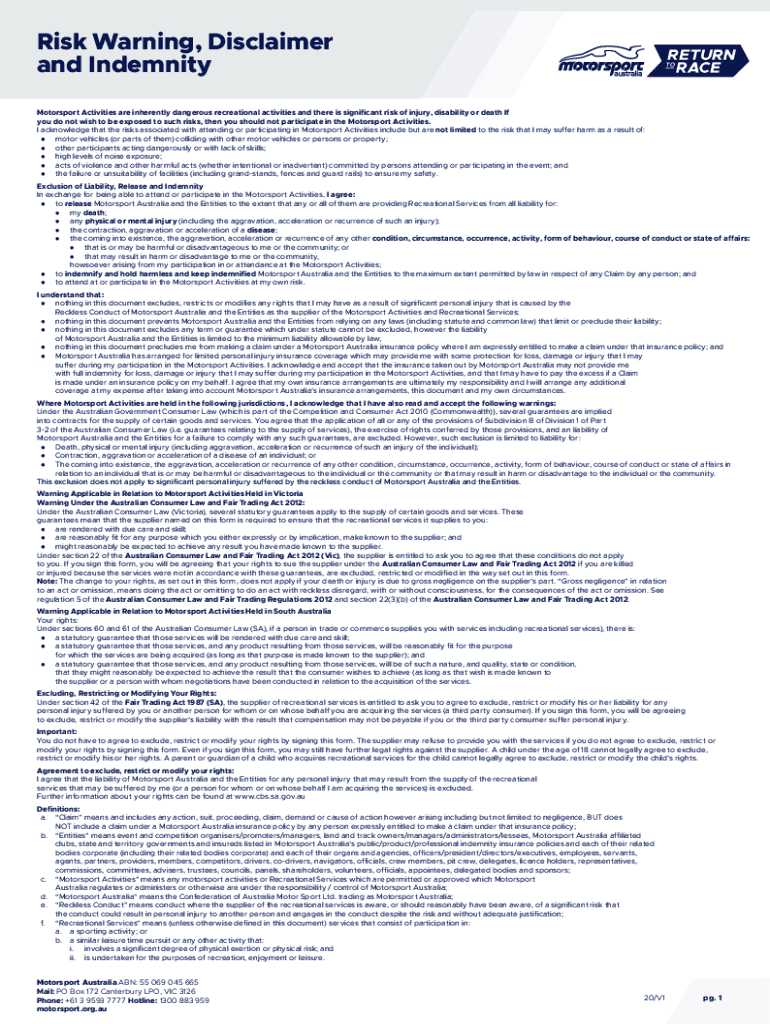 Fillable Online Risk Warning, Disclaimer and Indemnity - Motorsport ...