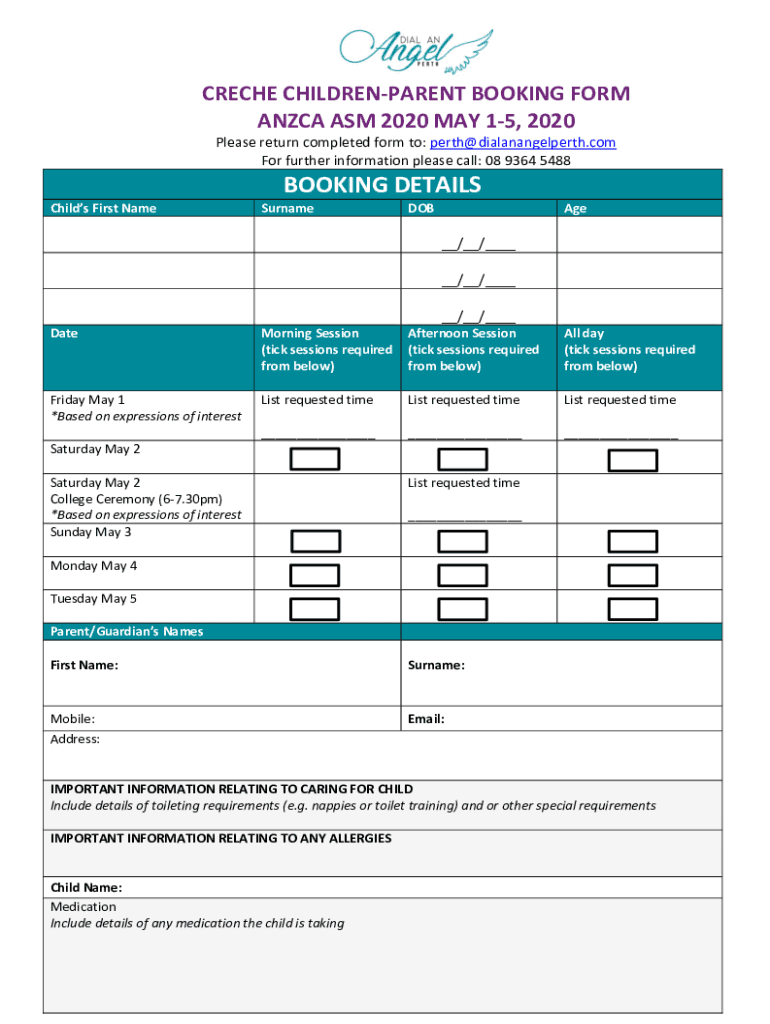 Fillable Online asm anzca edu CRECHE CHILDREN-PARENT BOOKING FORM ANZCA ...