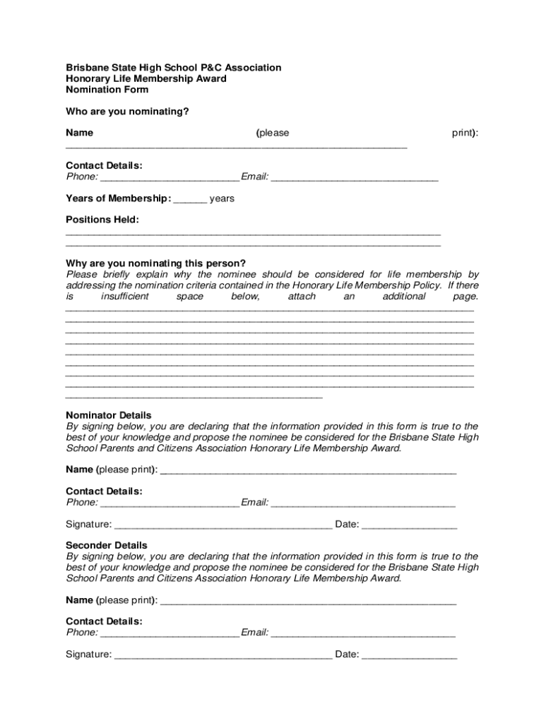 Fillable Online P&C Honorary Life Membership Nomination Form Fax Email ...
