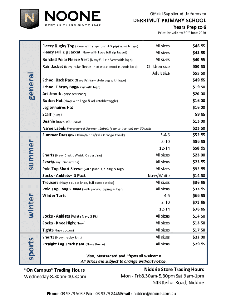 Fillable Online UNIFORM PRICE LIST & ORDER FORM - Blackburn Lake ...
