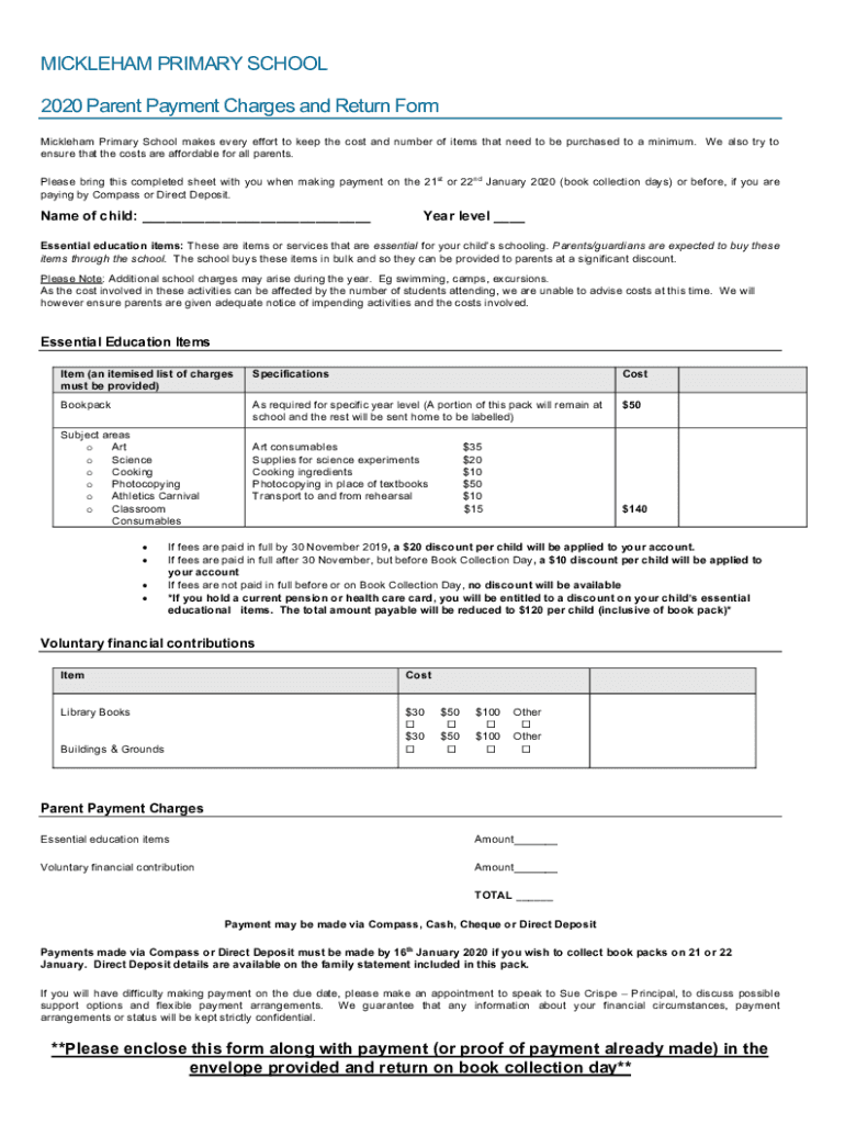 Fillable Online micklehamps vic edu 2020 Parent Payment Charges and ...