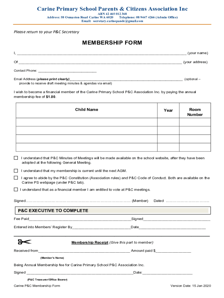 Fillable Online carineprimary wa edu CPC Membership Form 2020 - Carine ...