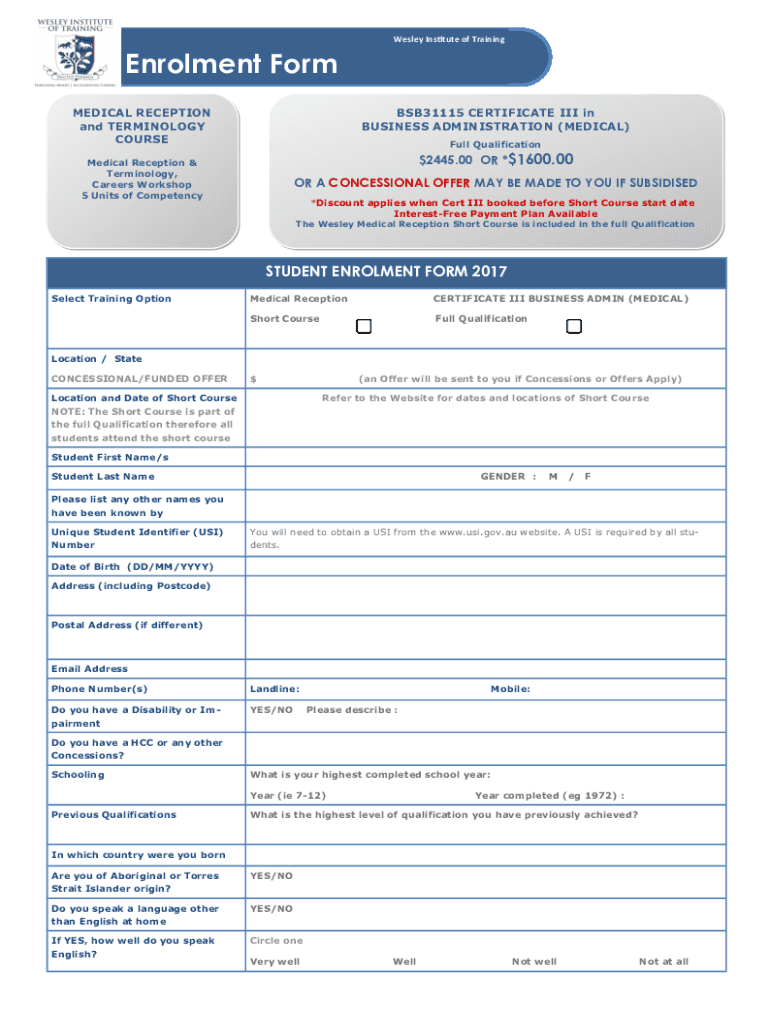 Fillable Online Wesley Institute of Training Enrolment Form Fax Email ...