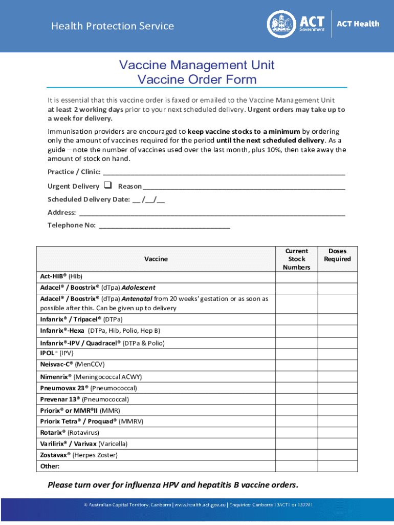 Fillable Online Vaccine Management Unit Vaccine Order Form -Health Fax ...