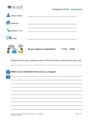 Fillable Online Complaint Form Easy Read - Agapi Care Fax Email Print ...