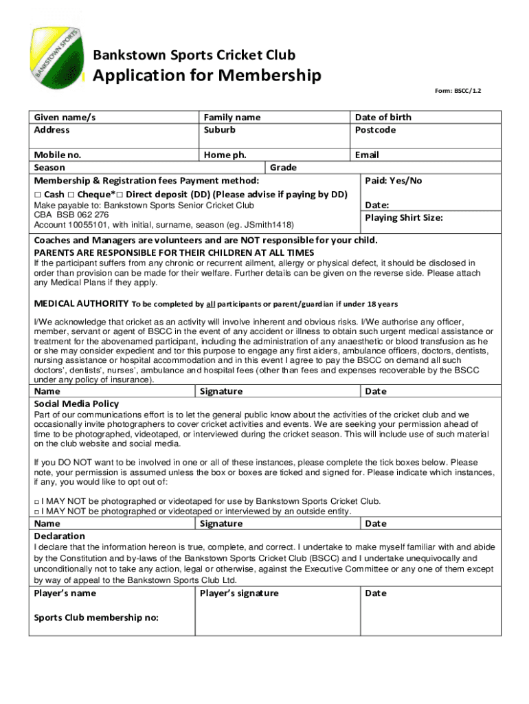 Fillable Online Bankstown Sports Cricket Club Application for ...