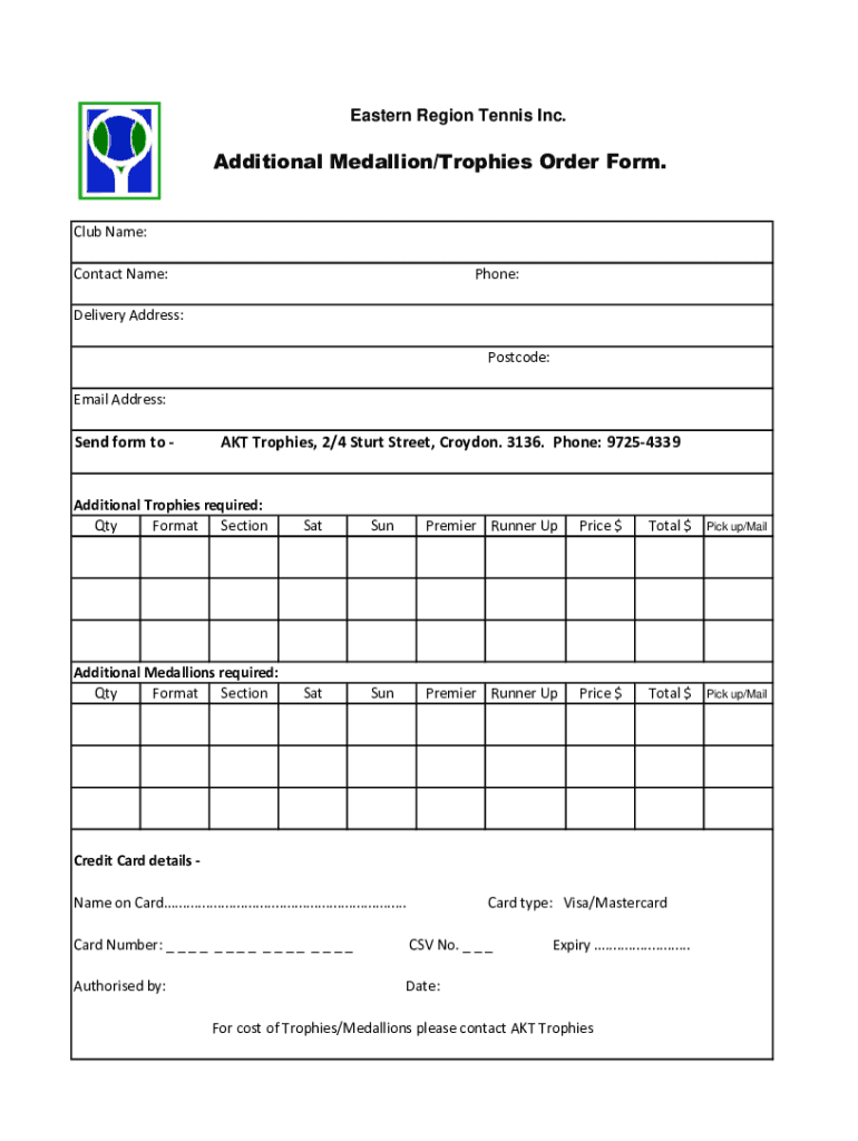 Fillable Online Additional Medallion/Trophies Order Form Fax Email ...
