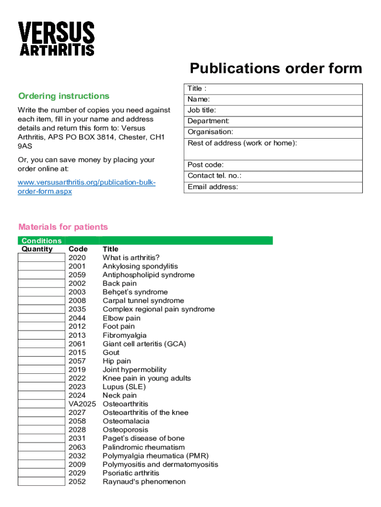Fillable Online Versus Arthritis bulk order form. Versus Arthritis bulk ...
