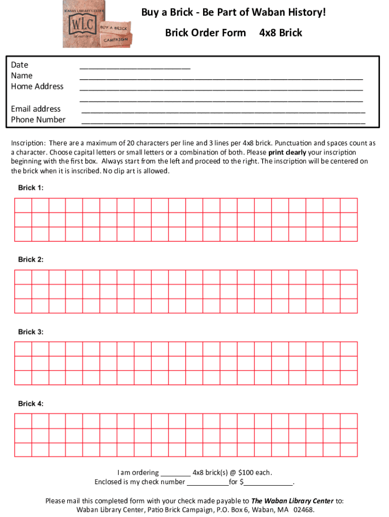 Fillable Online WLC Brick 4x8 Order Form.pptx Fax Email Print - pdfFiller